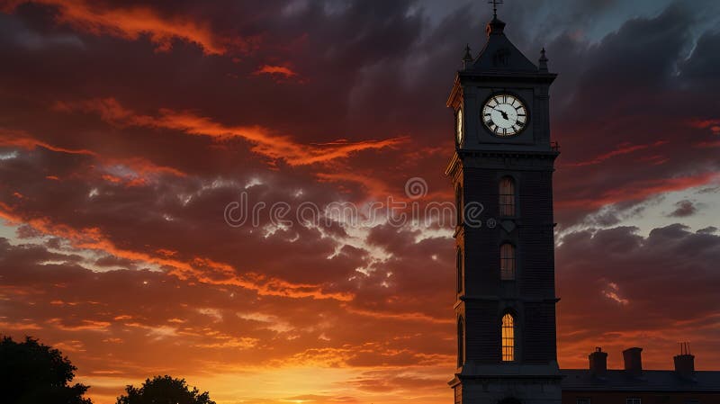 A Historic Clock Tower Standing Tall Against a Dramatic Sunset Stock ...