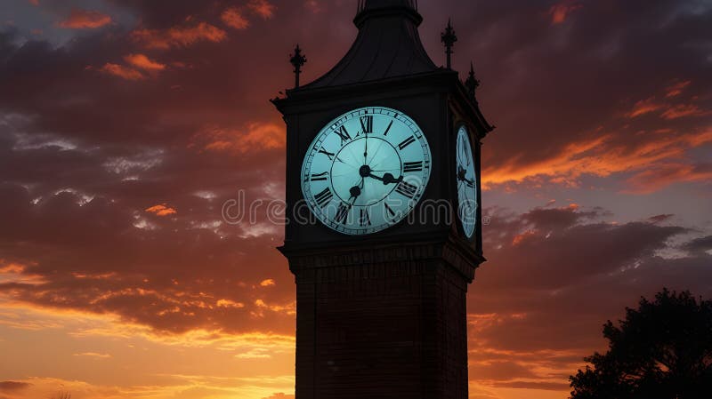 A Historic Clock Tower Standing Tall Against a Dramatic Sunset Stock ...