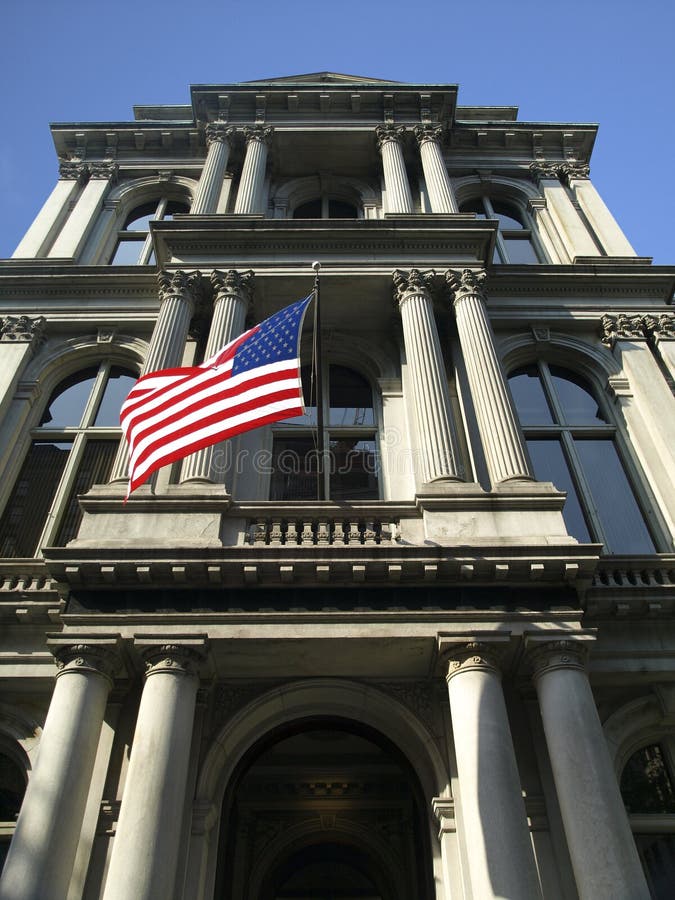 Historic Column Building with US Flag Stock Photo - Image of romanesque ...