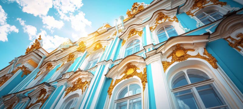 Historic Facade of Palace with Ornate Windows, Columns, and Blue and ...