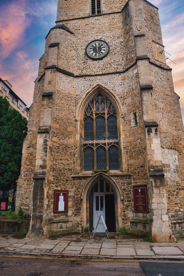 Historic Gothic Stone Building Facade with Clock Tower in Cambridge, UK ...