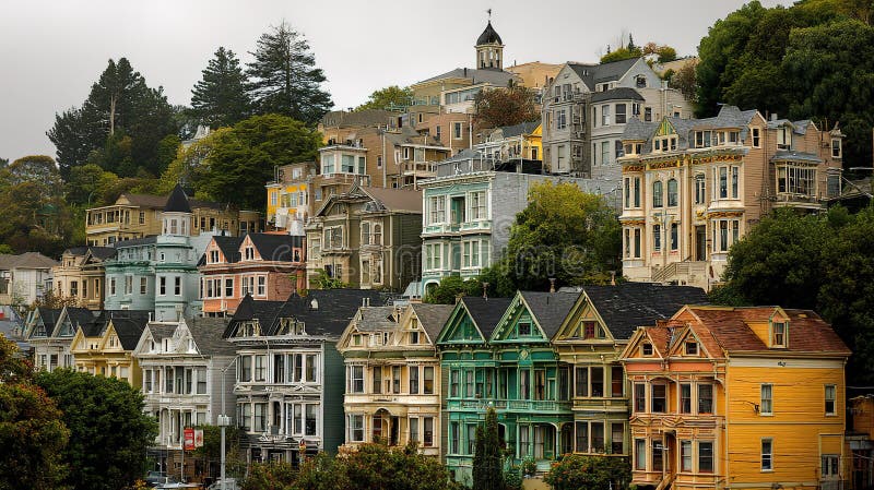 Historic Houses on Hillside View Stock Illustration - Illustration of ...