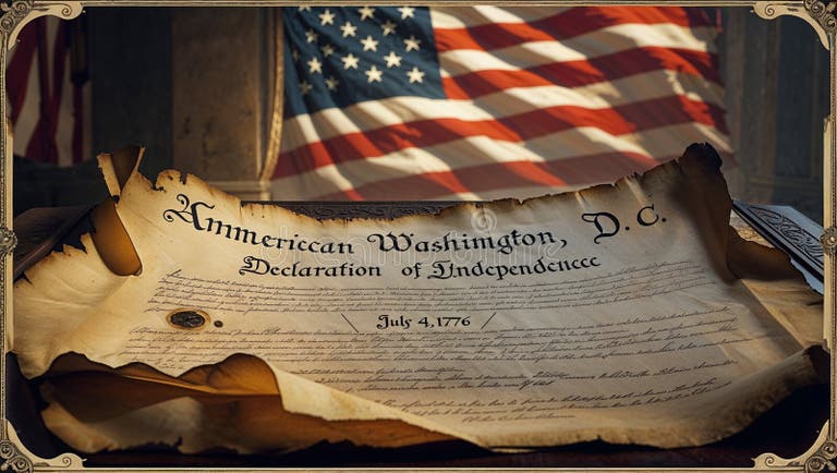 American Declaration of Independence on Vintage Scroll with Flag Stock ...