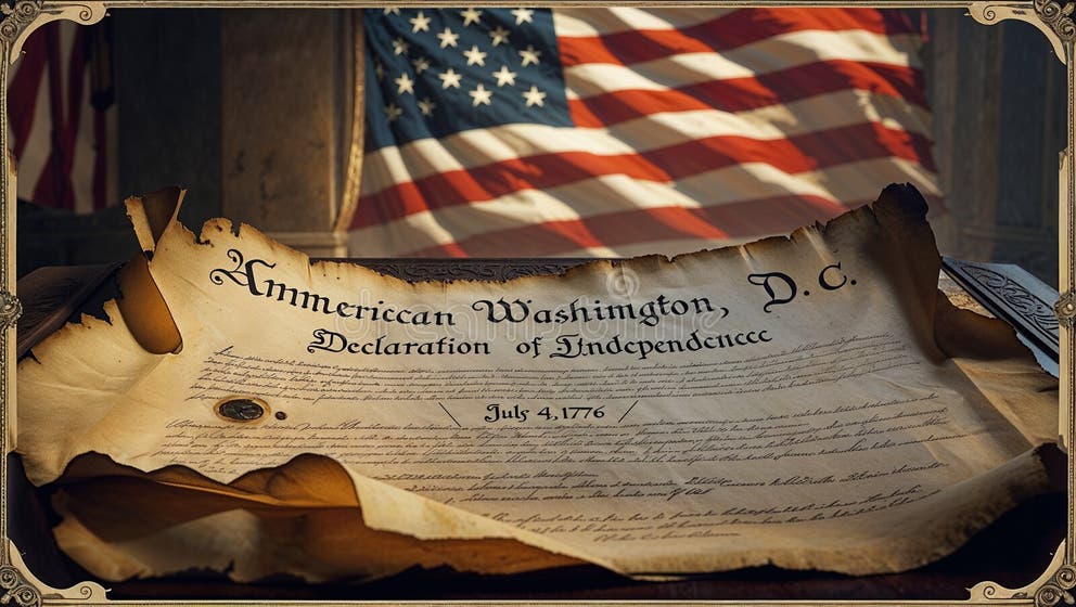 American Declaration of Independence on Vintage Scroll with Flag Stock ...