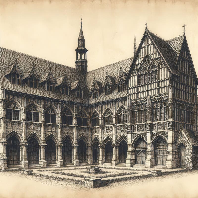 Historic Infirmary Structure with Vaulted Base Level Stock Illustration ...