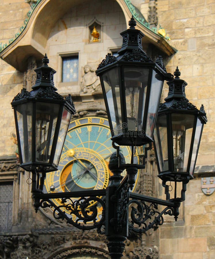 Historic Lamp and Astronomical Clock Stock Photo - Image of lamppost ...