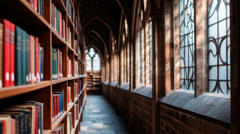 Historic Library with Arched Windows and Rows of Colorful Books Stock ...