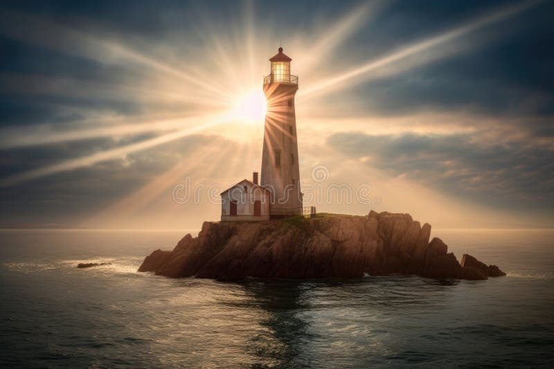 Historic Lighthouse Casting a Beam of Light Over the Ocean Stock ...