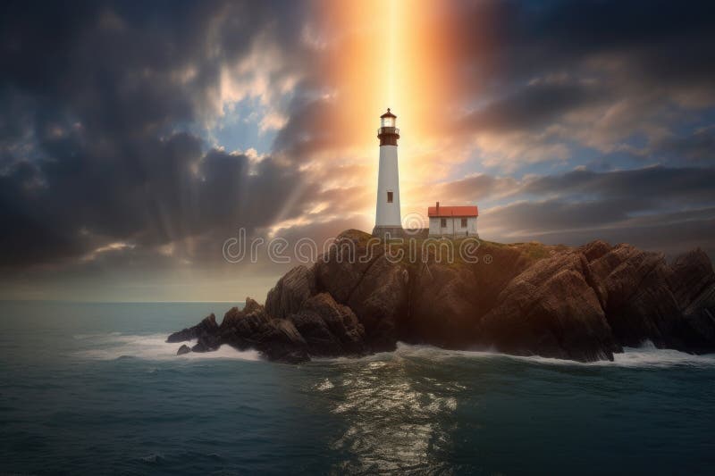 Historic Lighthouse Casting a Beam of Light Over the Ocean Stock ...