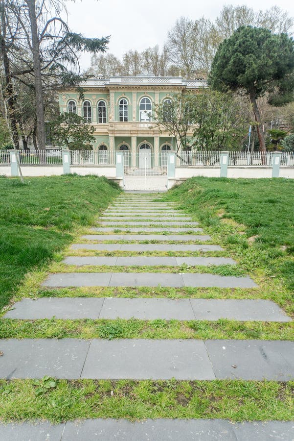 Historic Mansion Behind a Patterned Stone Path, Istanbul Stock Image ...