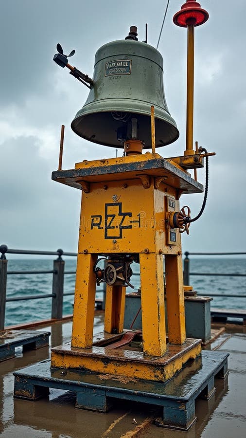 Historic Maritime Bell on Pier Overlooking Ocean Under Cloudy Sky Stock ...