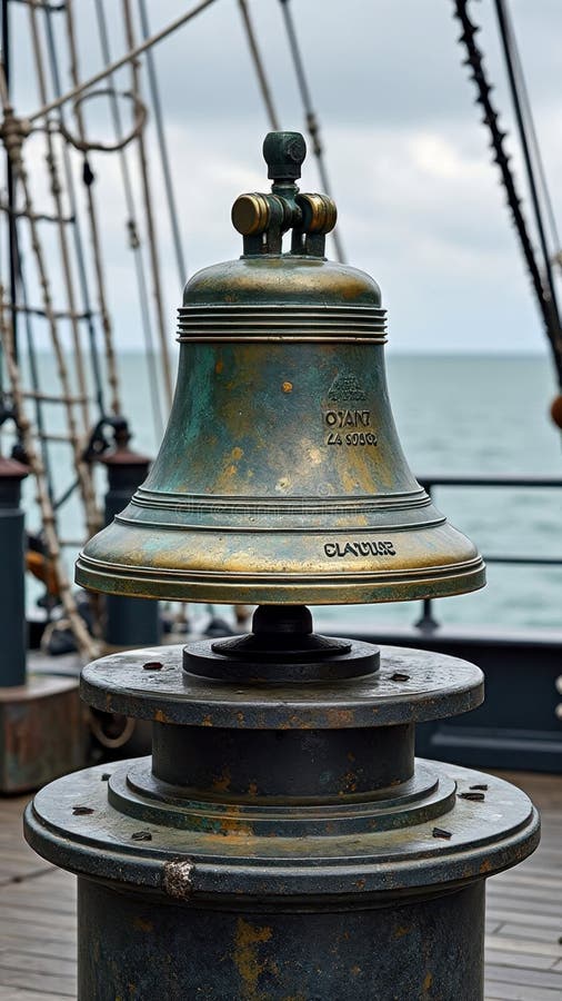 Historic Maritime Ship Bell on Deck Against Ocean Background Stock ...