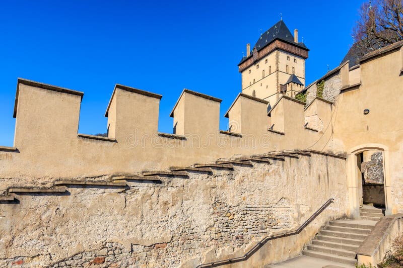 Historic Medieval Castle with Stone Walls and Tower Under Clear Blue ...