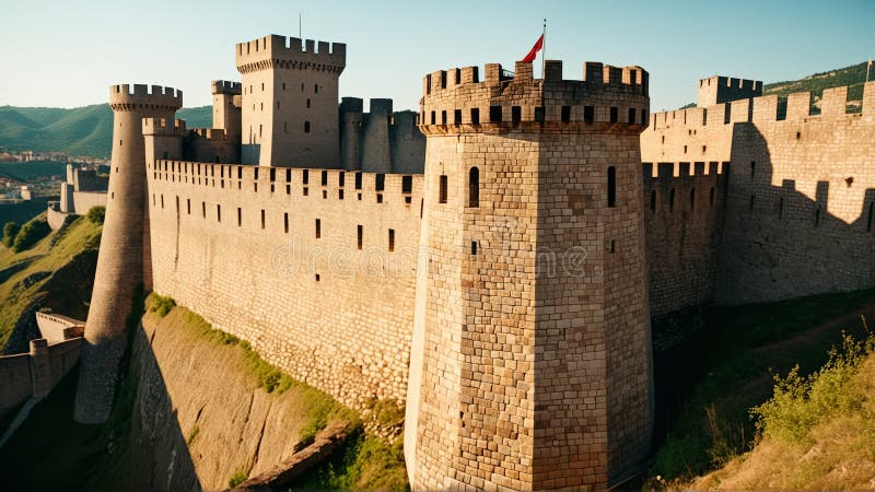 Historic Medieval Fortress with Towering Stone Walls at Sunset Stock ...
