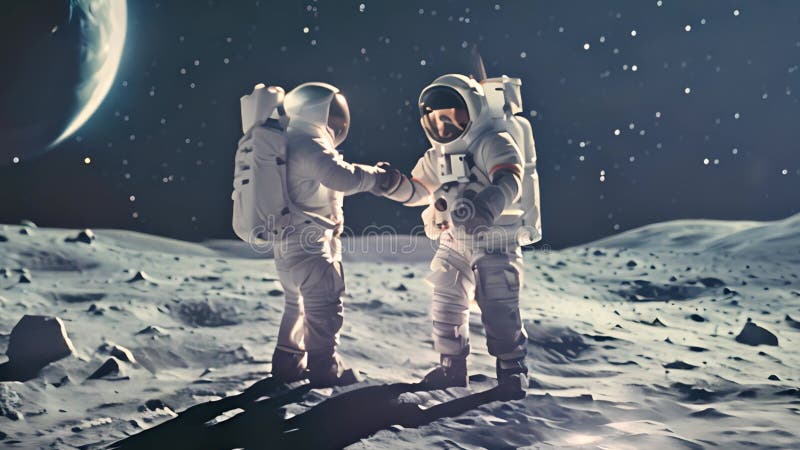 Historic Moment: Two Astronauts Shaking Hands on the Moon Stock Footage ...