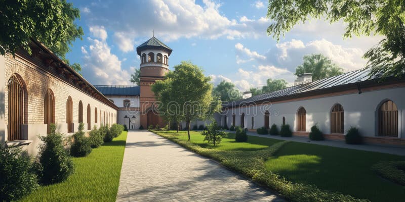 Historic Monastery Courtyard with Lush Greenery, Stone Pathway, and ...
