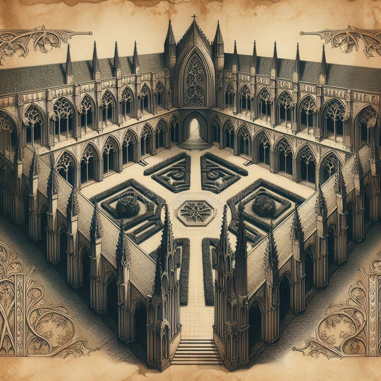 Historic Monastic Layout in Cathedral Architecture Stock Illustration ...