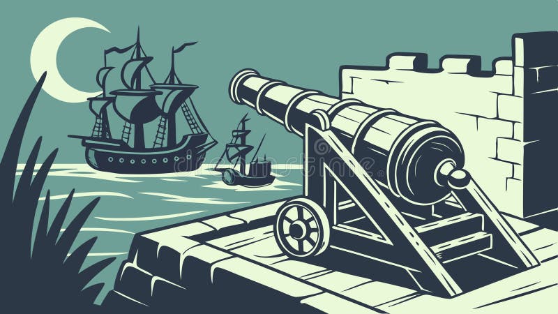 Historic Naval Cannon on Coastal Fortification, Vector Design ...