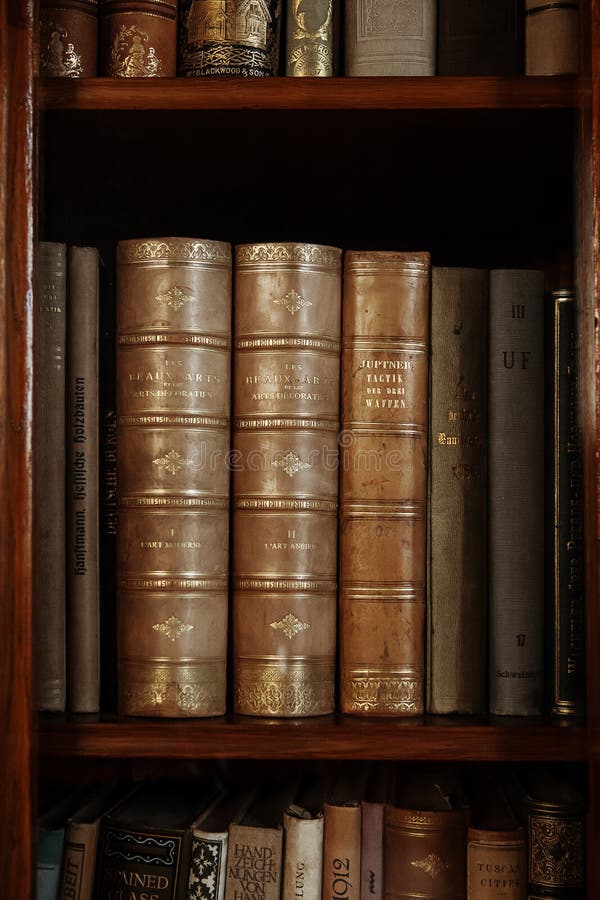 Historic Old Books in Library, Wooden Bookshelf Stock Image - Image of ...