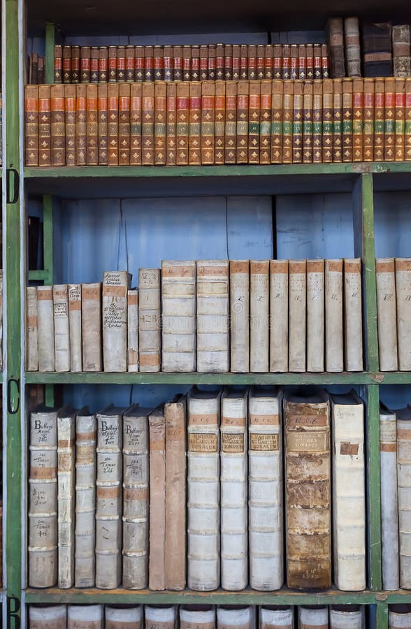 Historic Old Books in Library, Wooden Bookshelf Stock Image - Image of ...