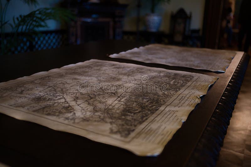 Historic Old Map Lying on an Antique Table. Stock Image - Image of ...