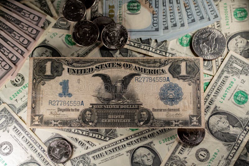 Historic One Dollar Banknote on Modern US Dollar Banknotes. US Dollar ...