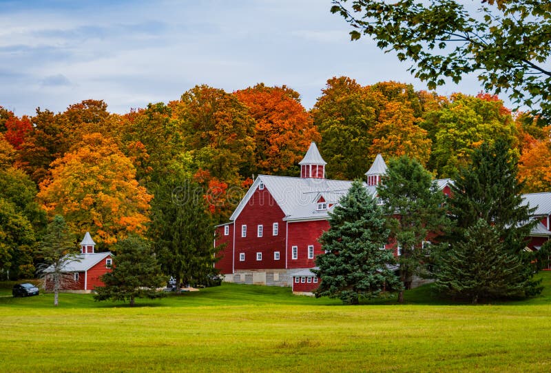 Red Barns on a Vermont Farm in Autumn Stock Image - Image of green ...