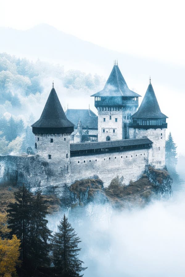 Historic Romanian Castle Perched Above Misty Forest in Atmospheric ...