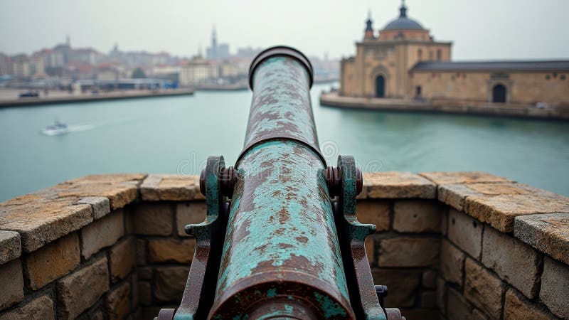 Historic Rusty Cannon Overlooking City Harbor on Cloudy Day Stock Photo ...