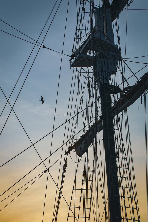 Historic Sailing Ship Mast with Bird in Flight Stock Image - Image of ...