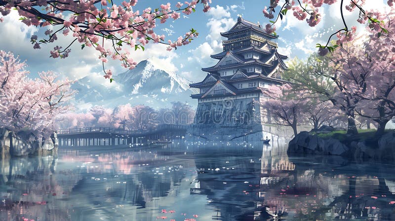 Historic Samurai Castle in Spring Stock Illustration - Illustration of ...