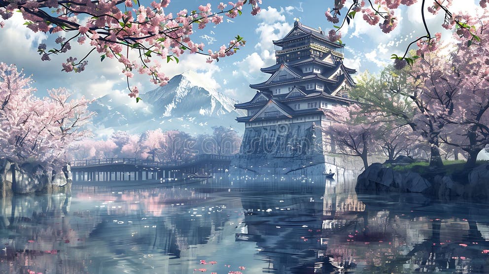 Historic Samurai Castle in Spring Stock Illustration - Illustration of ...