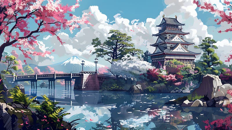 Historic Samurai Castle in Spring Stock Illustration - Illustration of ...