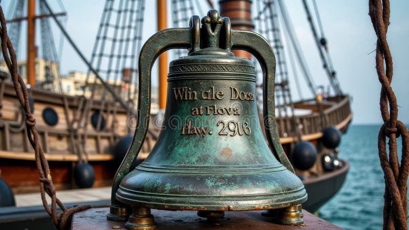 Historic Ship Bell on Deck of Vintage Sailing Ship at Sea Stock Photo ...