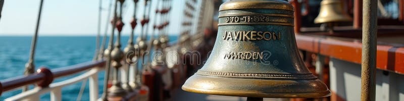 Historic Ship Bell on Sailing Vessel with Ocean Background Stock Image ...