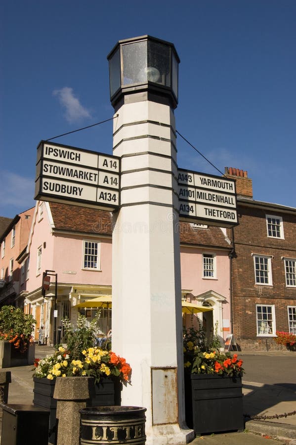Historic Signpost, Bury St Edmunds Stock Photo - Image of flowers ...