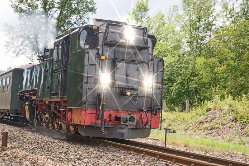 Historic Steam Powered Railway Train with Lights Stock Image - Image of ...