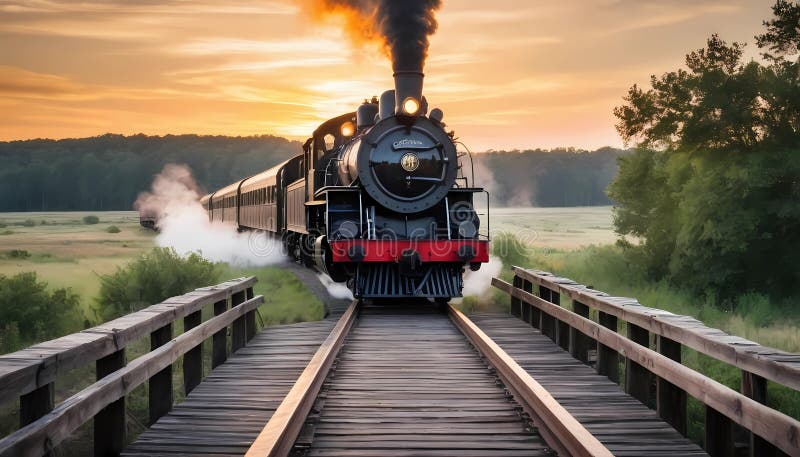 A Historic Steam Locomotive Moves Across a Wooden Bridge at Sunset ...
