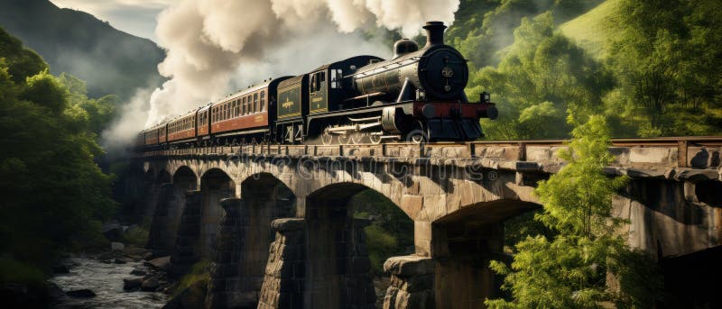 Historic Steam Train Crossing a Bridge - AI Generated Stock ...