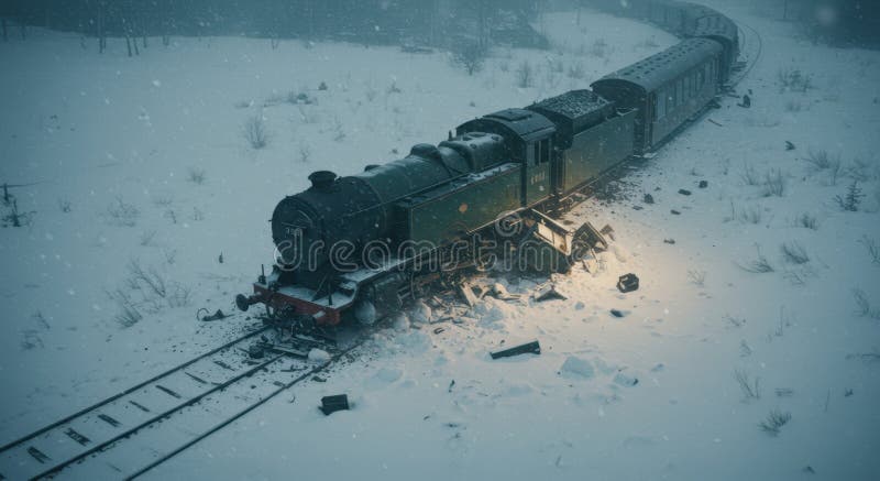 Historic Steam Train in Snowy Winter Landscape after Derailment Stock ...