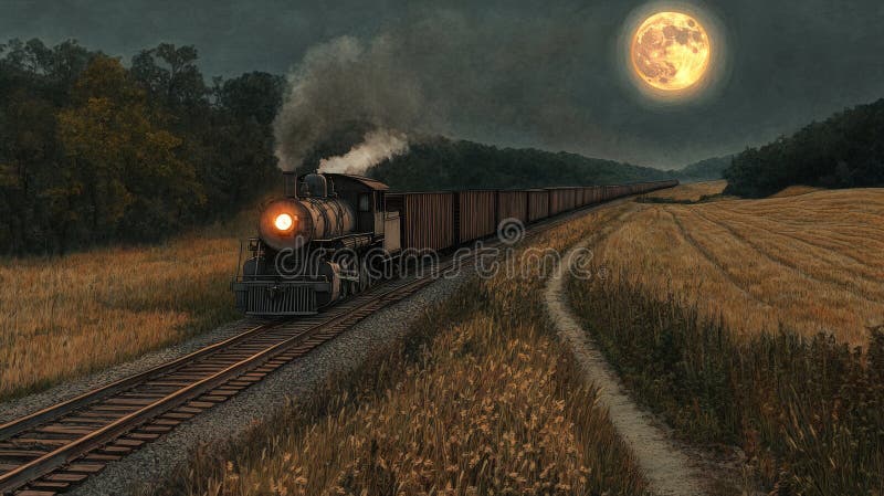 Historic Steam Train Under Full Moon in Serene Countryside Landscape ...
