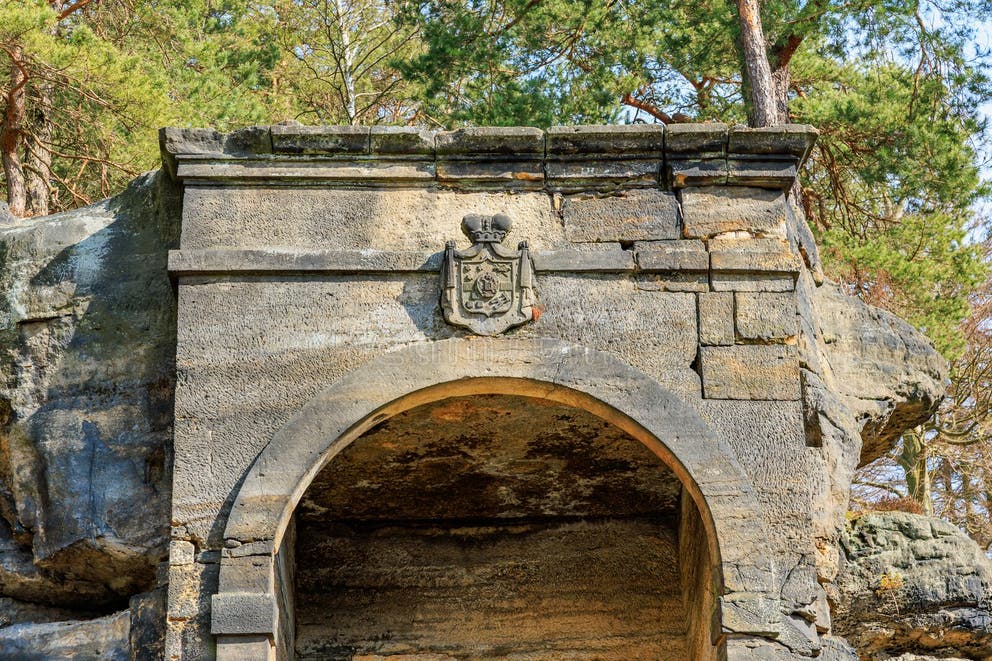Historic Stone Arch with Crest in Forest Setting Stock Image - Image of ...