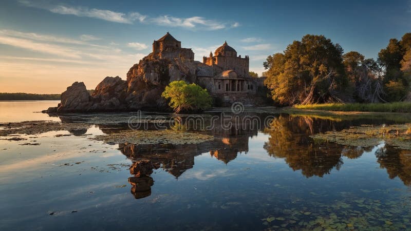 Historic Stone Castle on Rocky Island Reflected in Tranquil Lake at ...