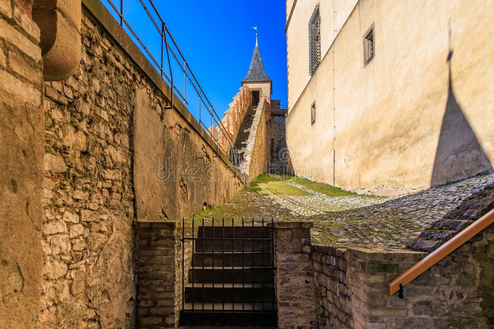 Historic Stone Pathway at Medieval Fortification with Tower Under Clear ...