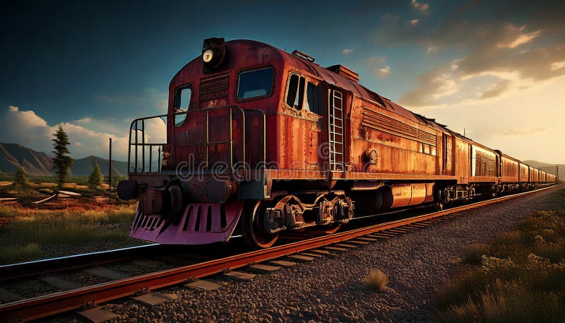 Historic Train on a Remote Track Under a Moody Sky Stock Illustration ...