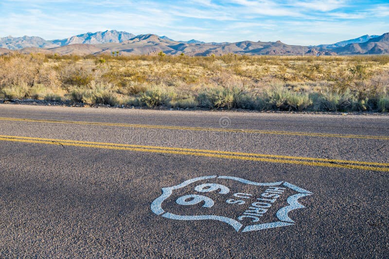 Historic US Route 66 Highway Sign on Asphalt Stock Photo - Image of ...