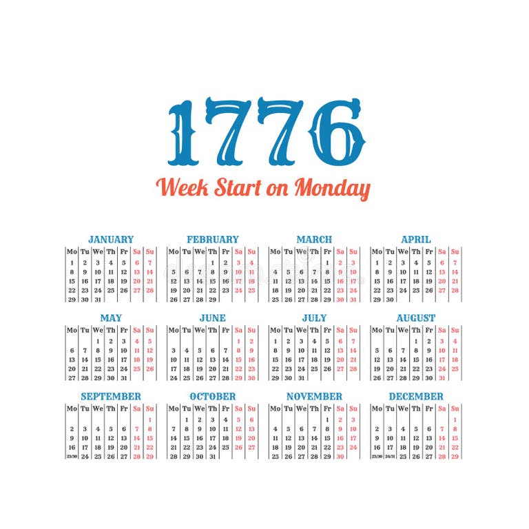 Historic Vector Calendar of 1776. Start on Monday Stock Vector ...