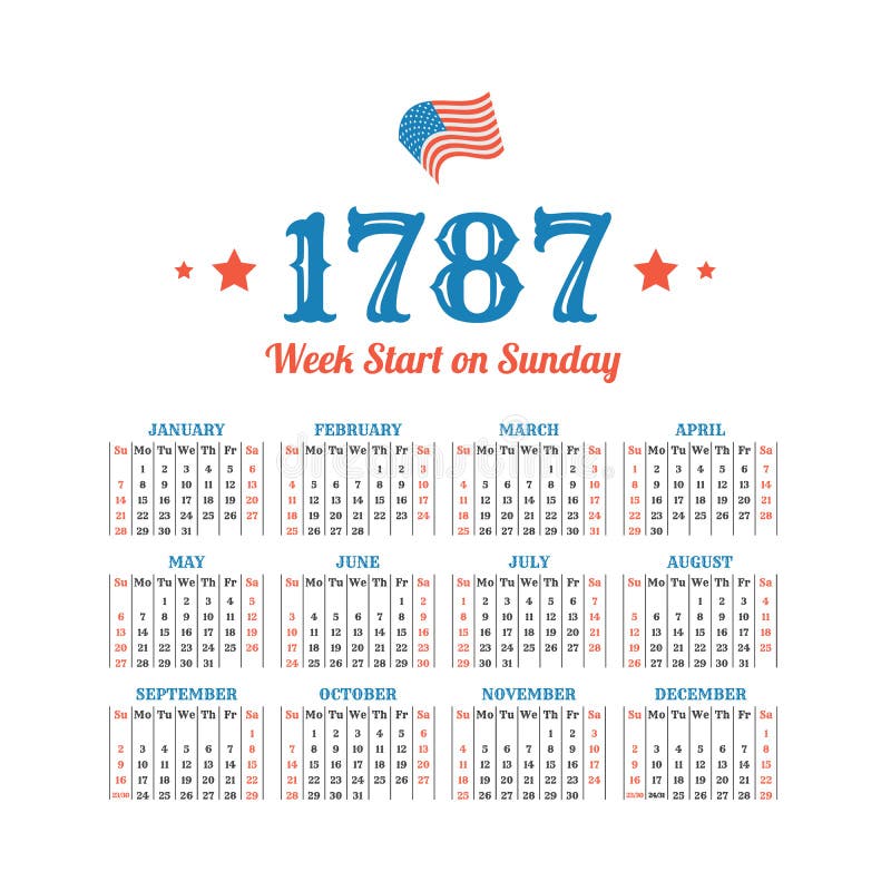 Historic Vector Calendar of 1787. Start on Sunday Stock Vector ...