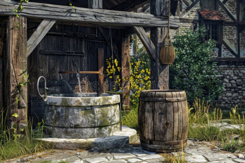 Old Well with Wooden Barrel on Stone Path Stock Photo - Image of stone ...