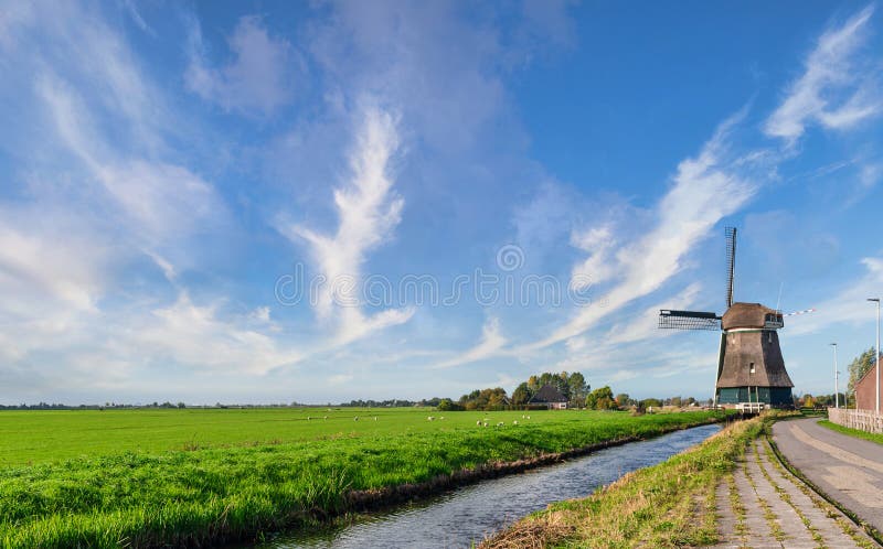 Historic Windmill in Lush Green Dutch Landscape Stock Photo - Image of ...